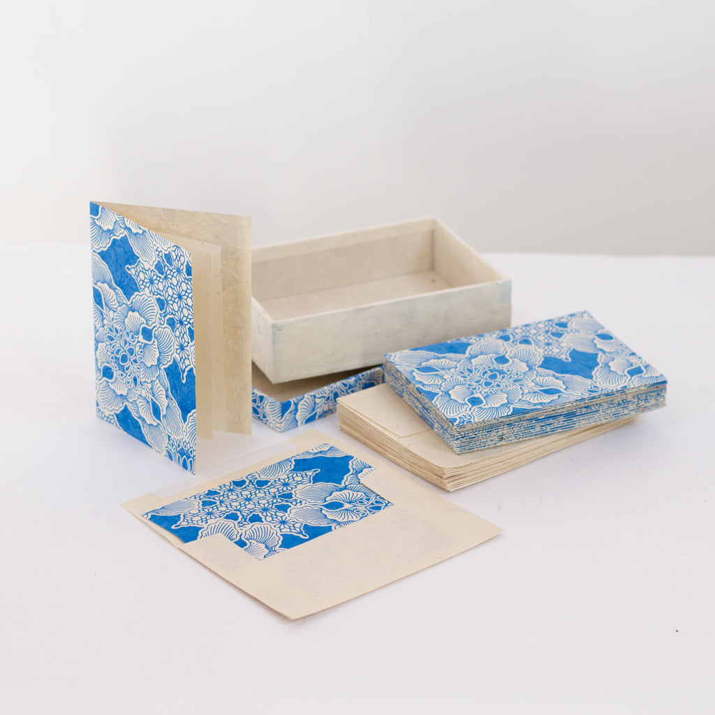 Notelet Set with Box - Handmade Lokta Paper with Blue Lotus Screen Pri ...