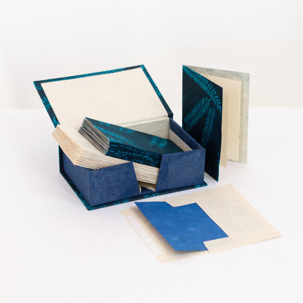 Notelet Set with Box - Handmade Lokta Paper with Blue Fern Resistance ...